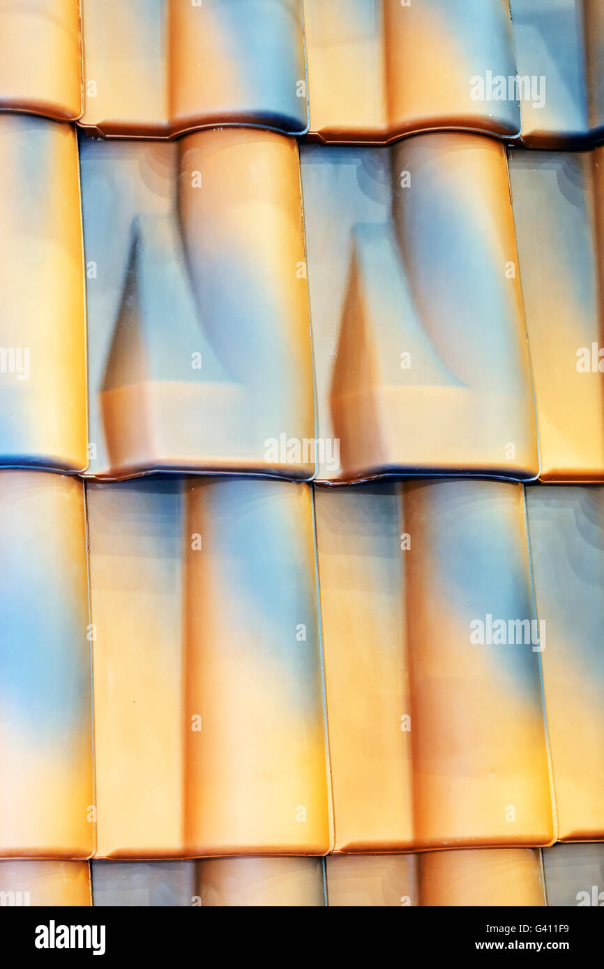 Detail of roof tiles on exhibition stand at construction fair Stock ...