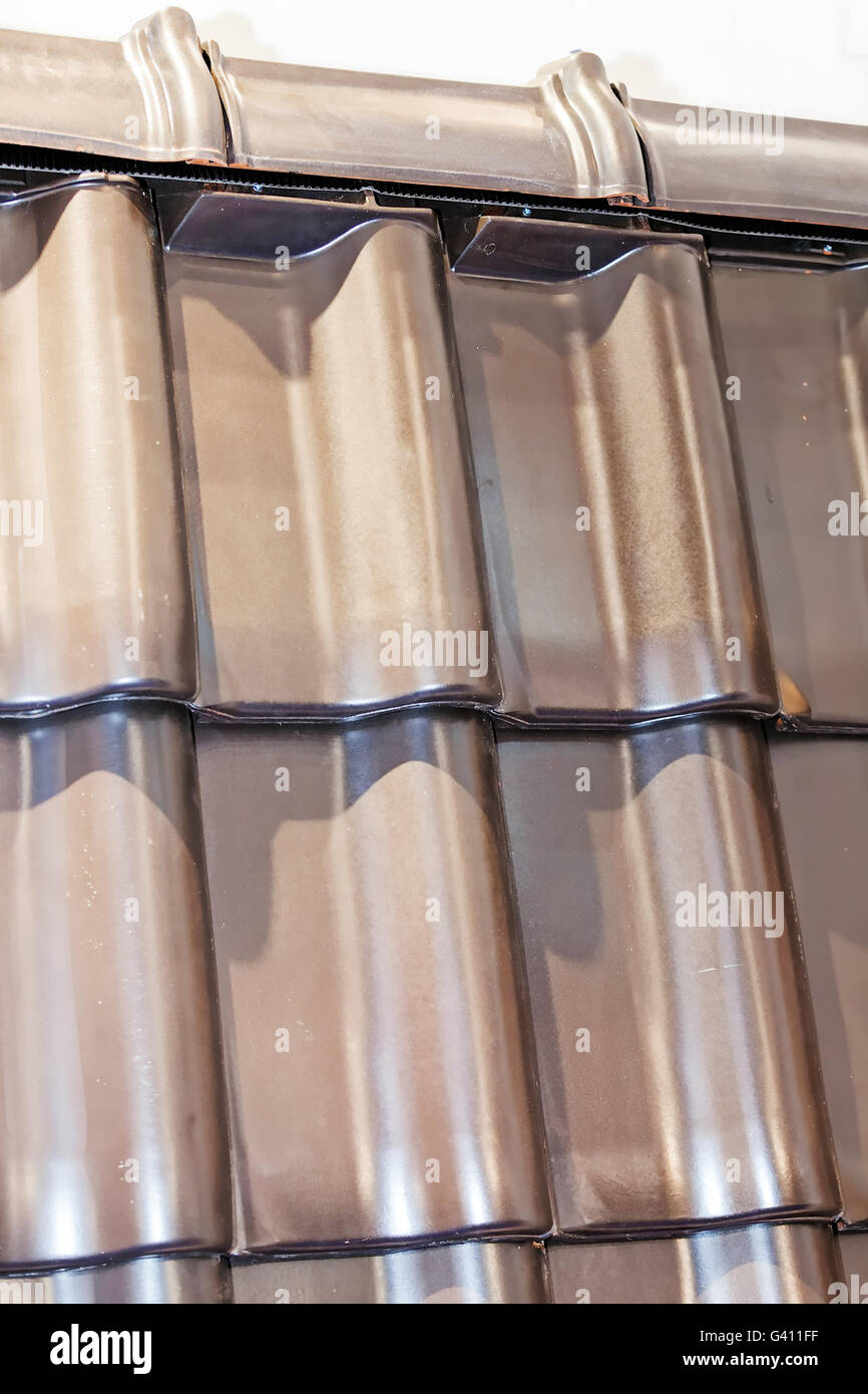 Detail of roof tiles on exhibition stand at construction fair Stock ...