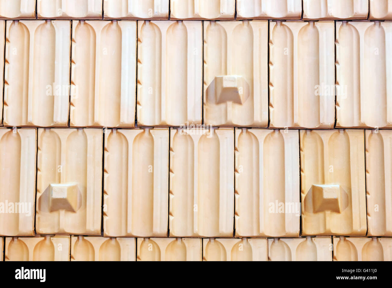 Detail of roof tiles on exhibition stand at construction fair Stock ...