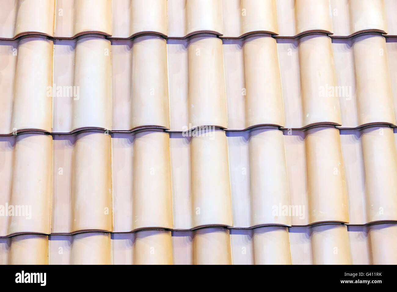 Detail of roof tiles on exhibition stand at construction fair Stock ...
