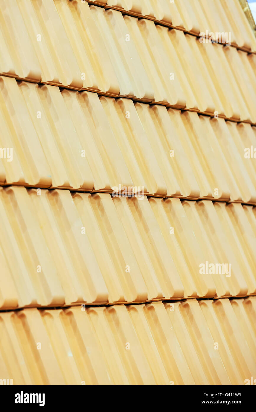 Detail of roof tiles on exhibition stand at construction fair Stock ...