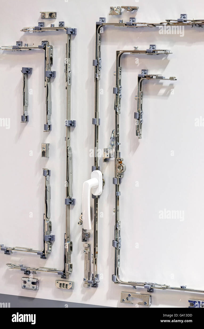 Details of metal door handle mechanism for window Stock Photo - Alamy