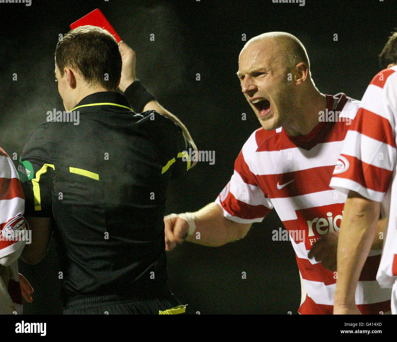 Hamilton's Simon Mensing reacts to his red card during the Clydesdale ...