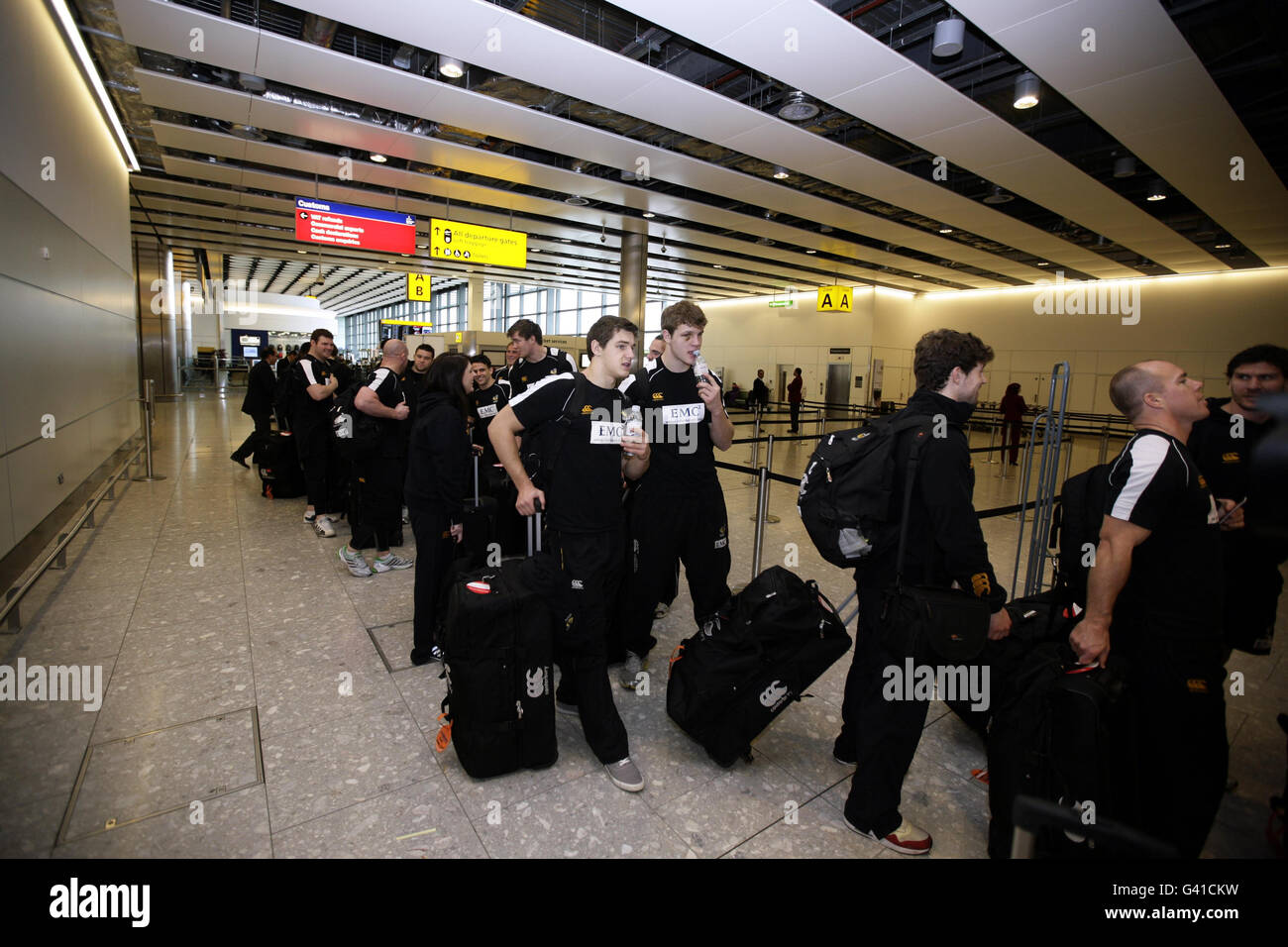 London Wasps rugby team check in at Heathrow Airport, London Stock ...