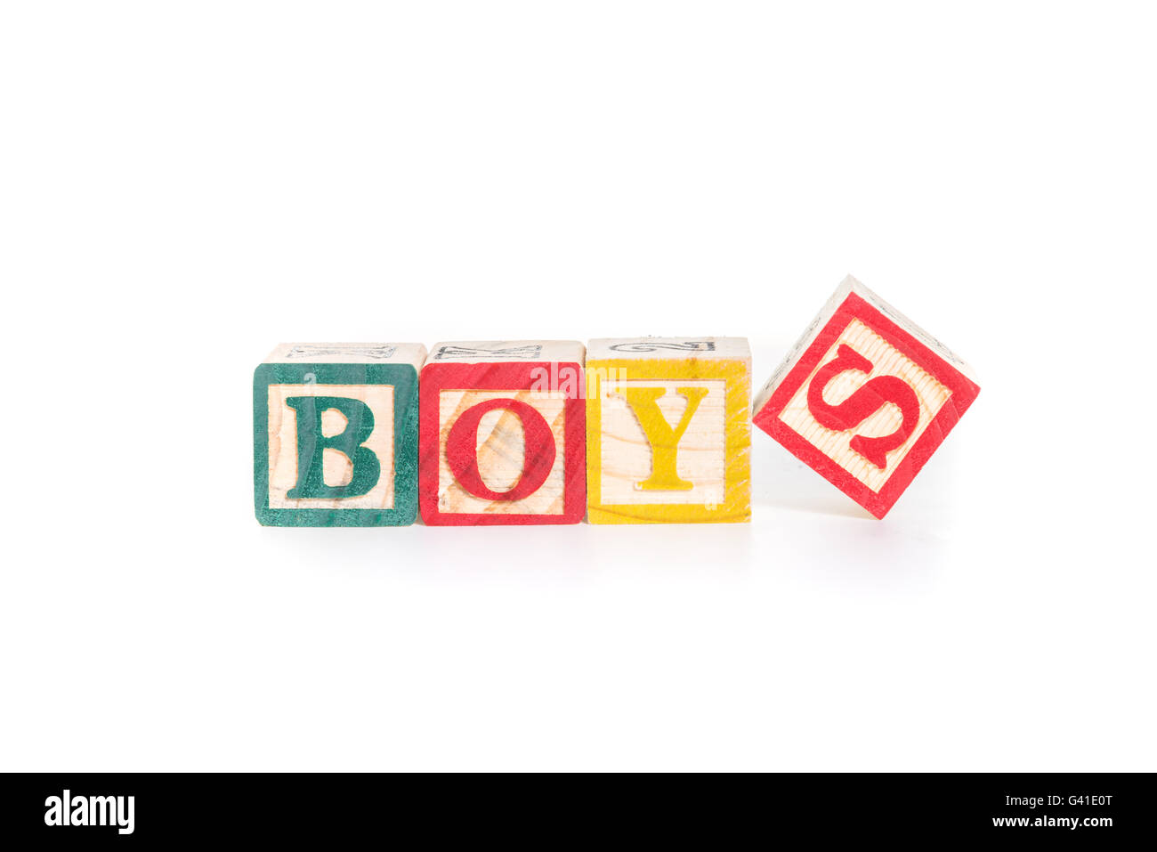 BOYS with colorful alphabet blocks on white background Stock Photo - Alamy