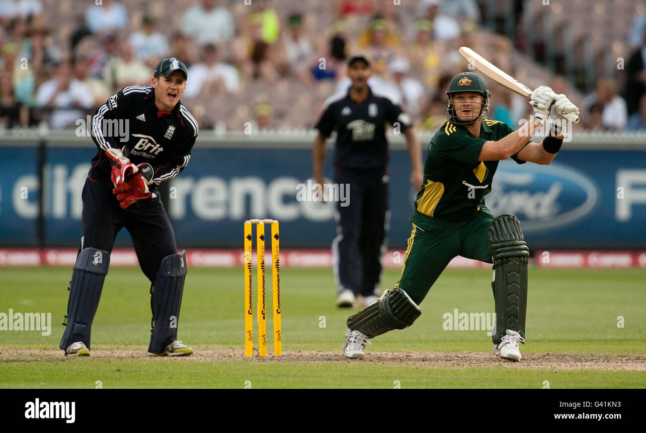 Australia's Shane Watson bats watched by England wicketkeeper Steve ...