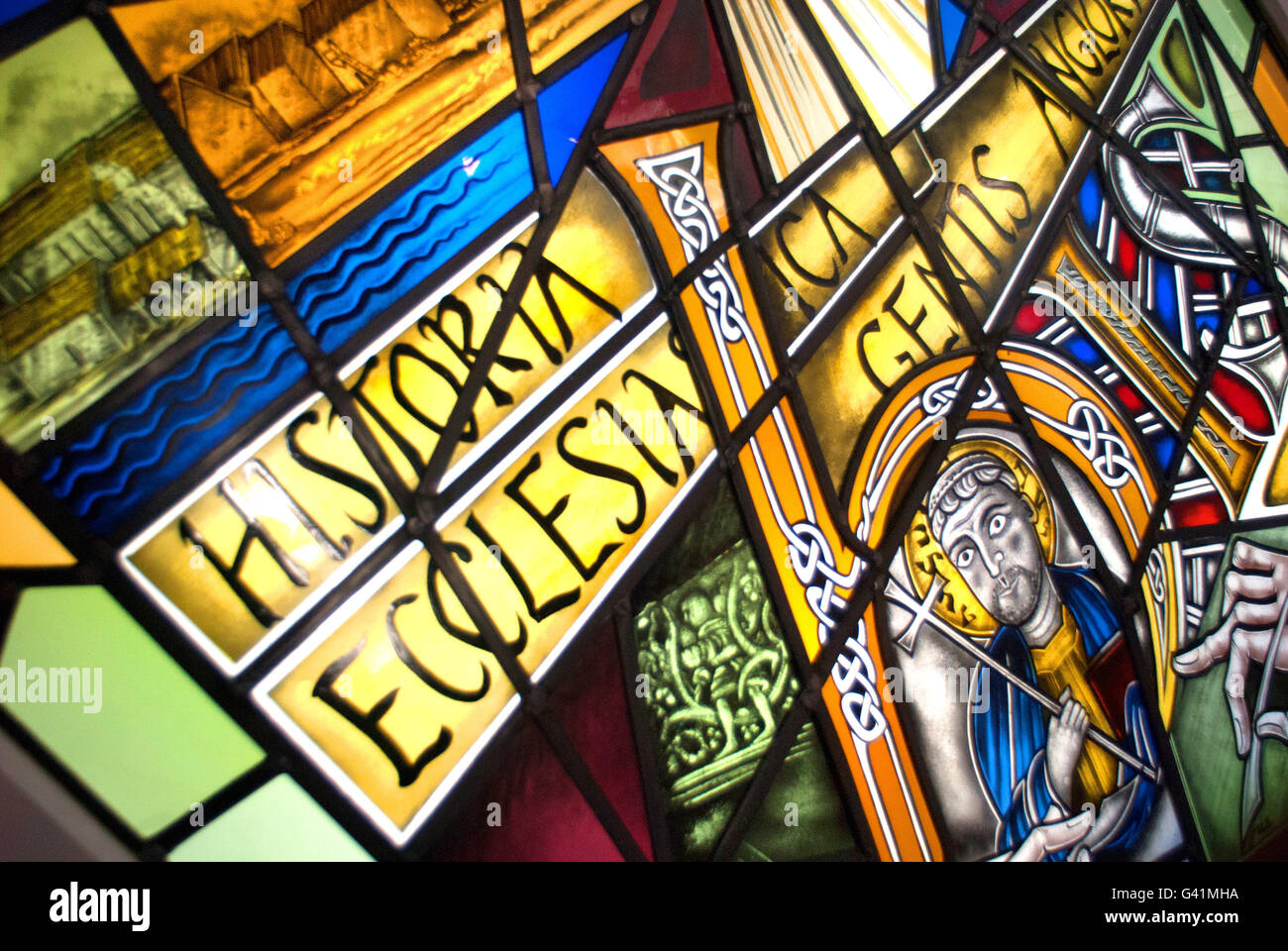 Stained glass, Bede's World Stock Photo - Alamy