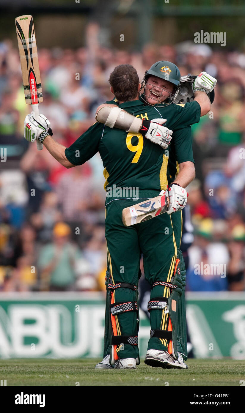 Australia's Shaun Marsh celebrates reaching his century with Doug ...