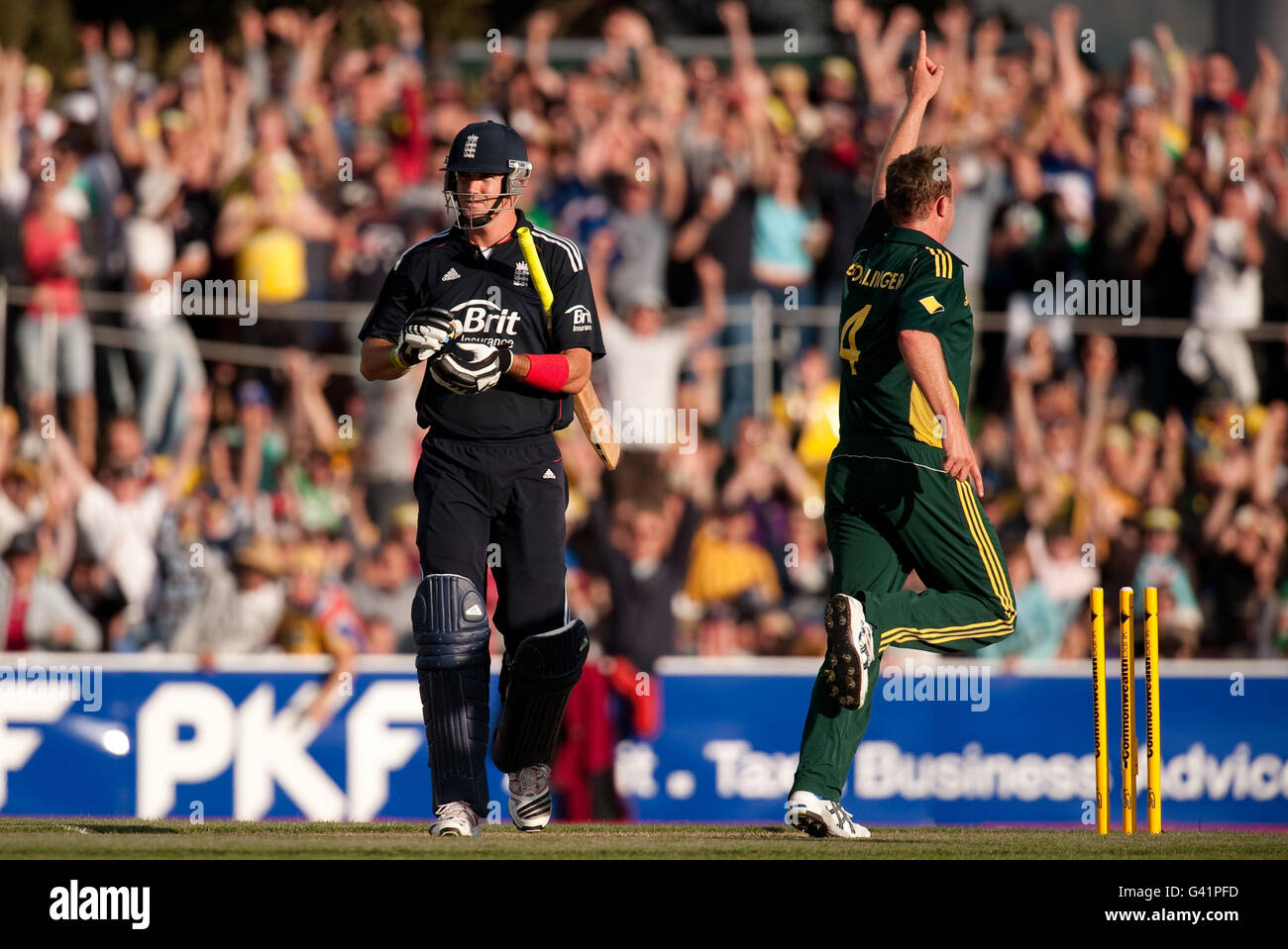 England's Kevin Pietersen is bowled by Australia's Doug Bollinger ...