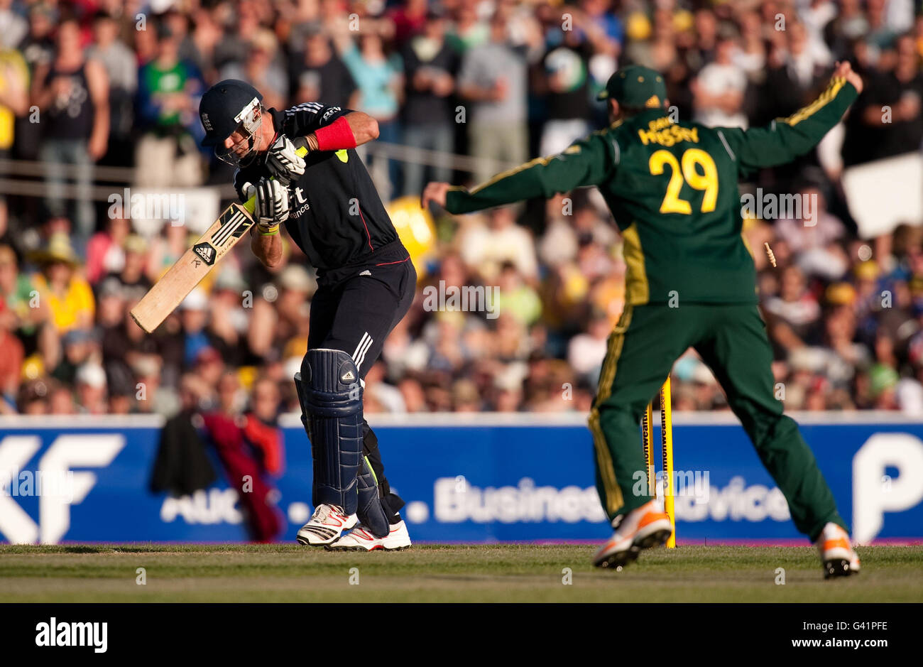 England's Kevin Pietersen is bowled by Australia's Doug Bollinger ...