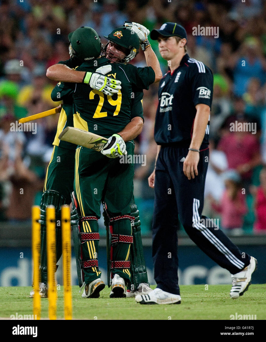 Australia's John Hastings and David Hussey celebrate winning during the ...