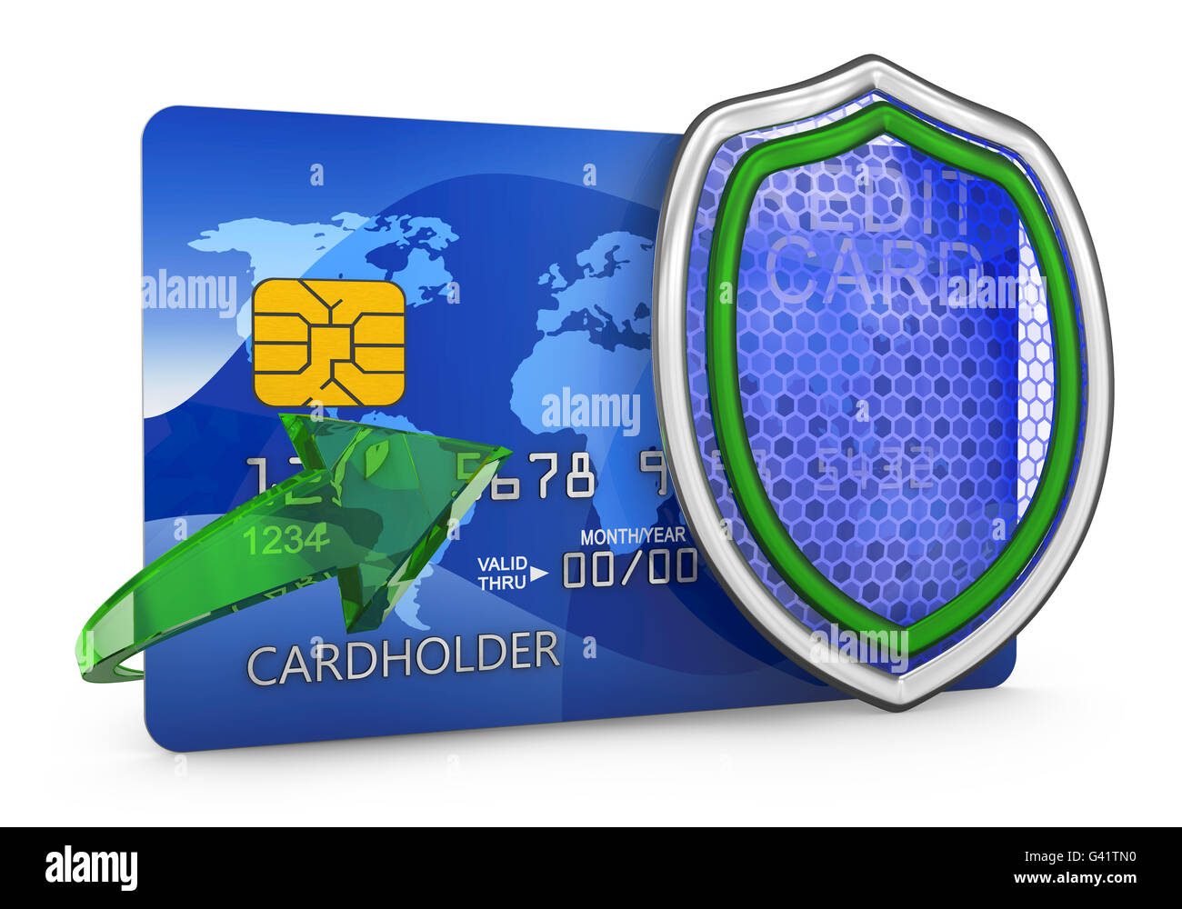Shield and credit card on a white background. 3D render Stock Photo - Alamy