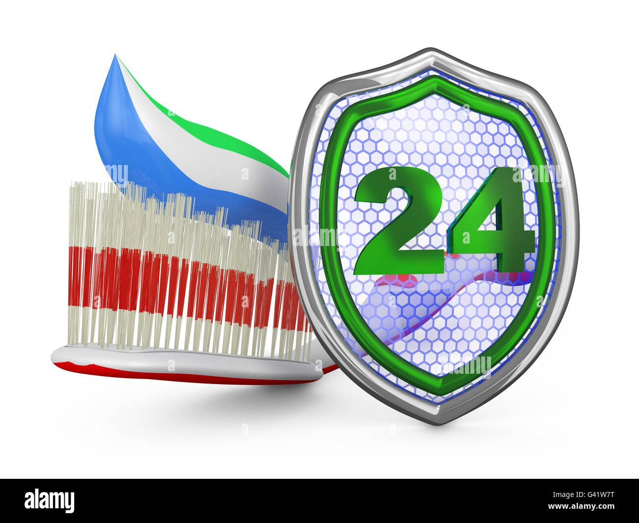 Toothbrush and a shield on a white background. 3D render Stock Photo ...