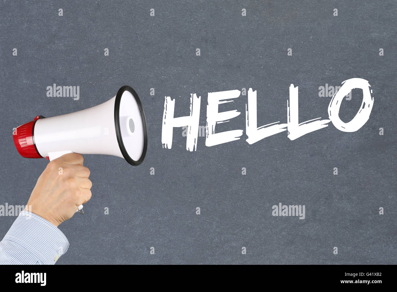 Hello greeting welcome message hand with megaphone Stock Photo - Alamy