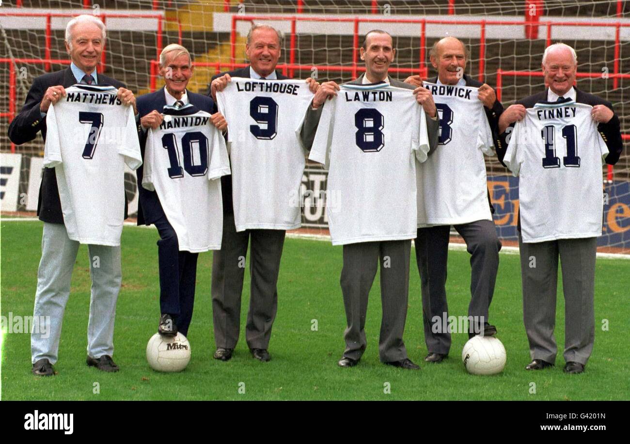 Football legends (L-R) Stanley Matthews, Wilf Mannion, Nat Lofthouse ...