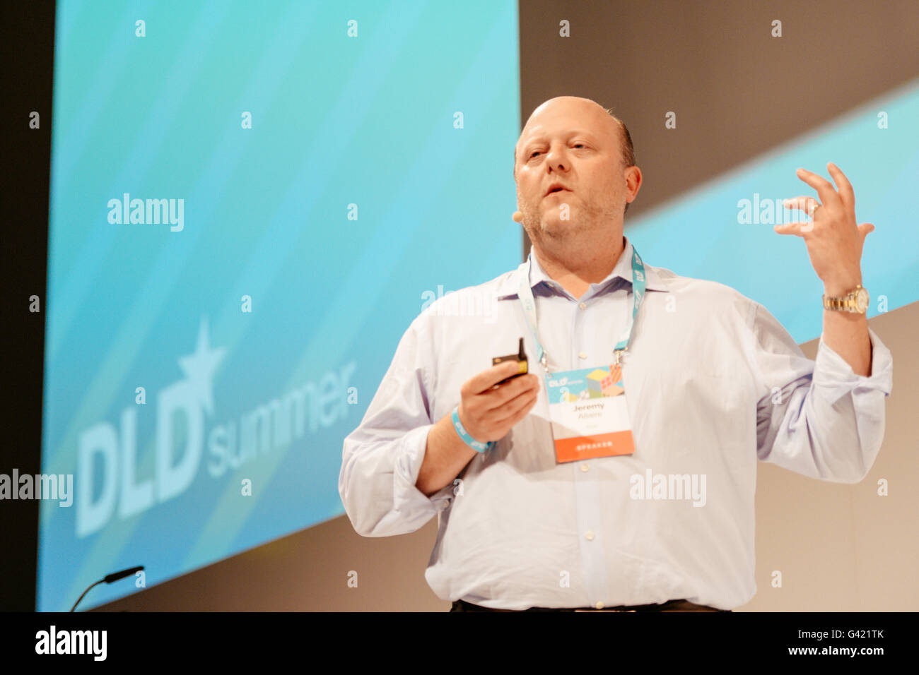 MUNICH/GERMANY - JUNE 16: Jeremy Allaire (CIRCLE) gestures speaking ...