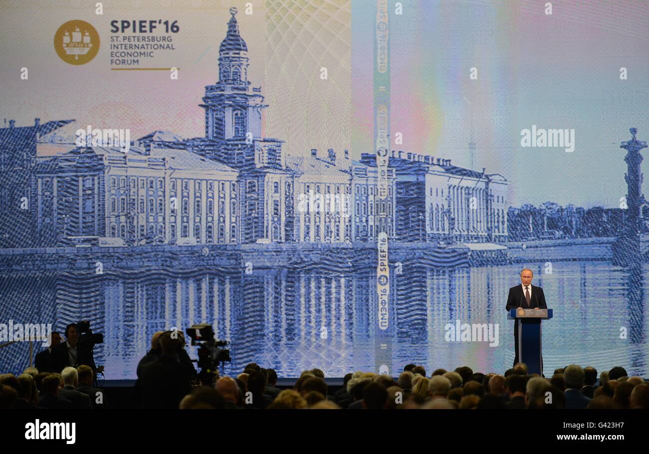 St. Petersburg, Russia. 17th June, 2016. Russian President Vladimir Putin speaks during the 20th ...