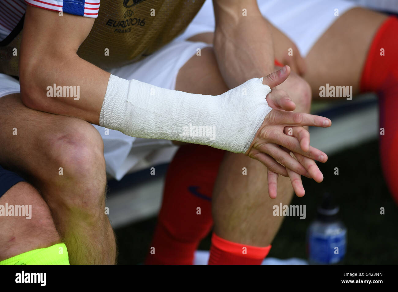 Lens, France. 16th June, 2016. The strapped wrist of England's Jamie ...