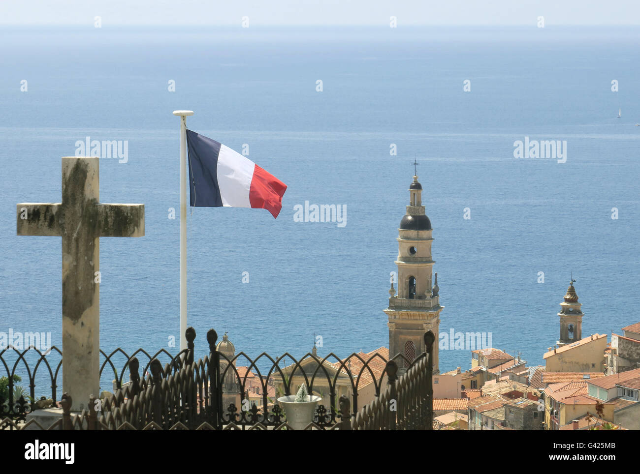 Menton, France. 6th June, 2016. The French flag above the old town of ...