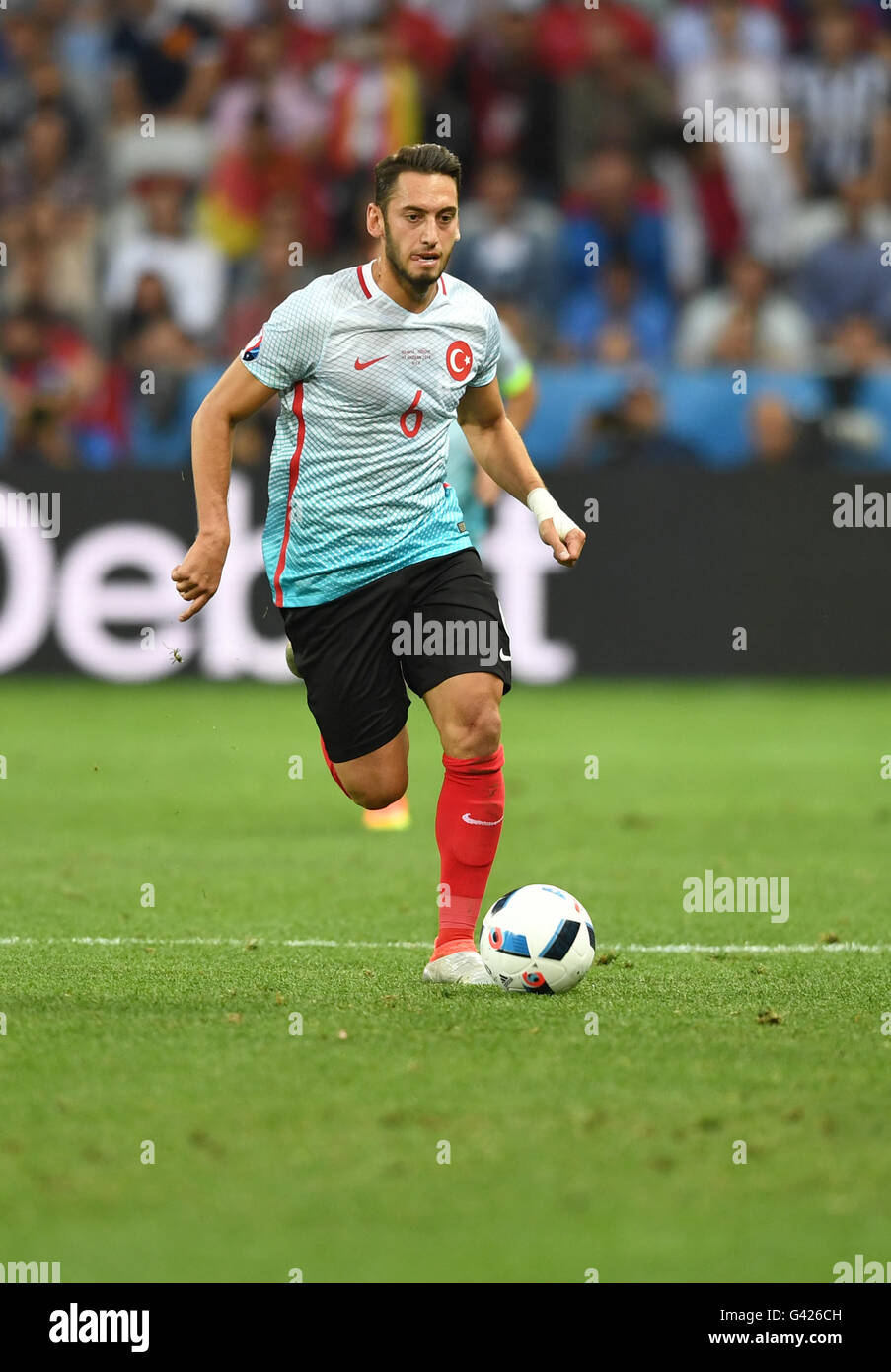 Nice, France. 17th June, 2016. Hakan Calhanoglu of Turkey controls the ...