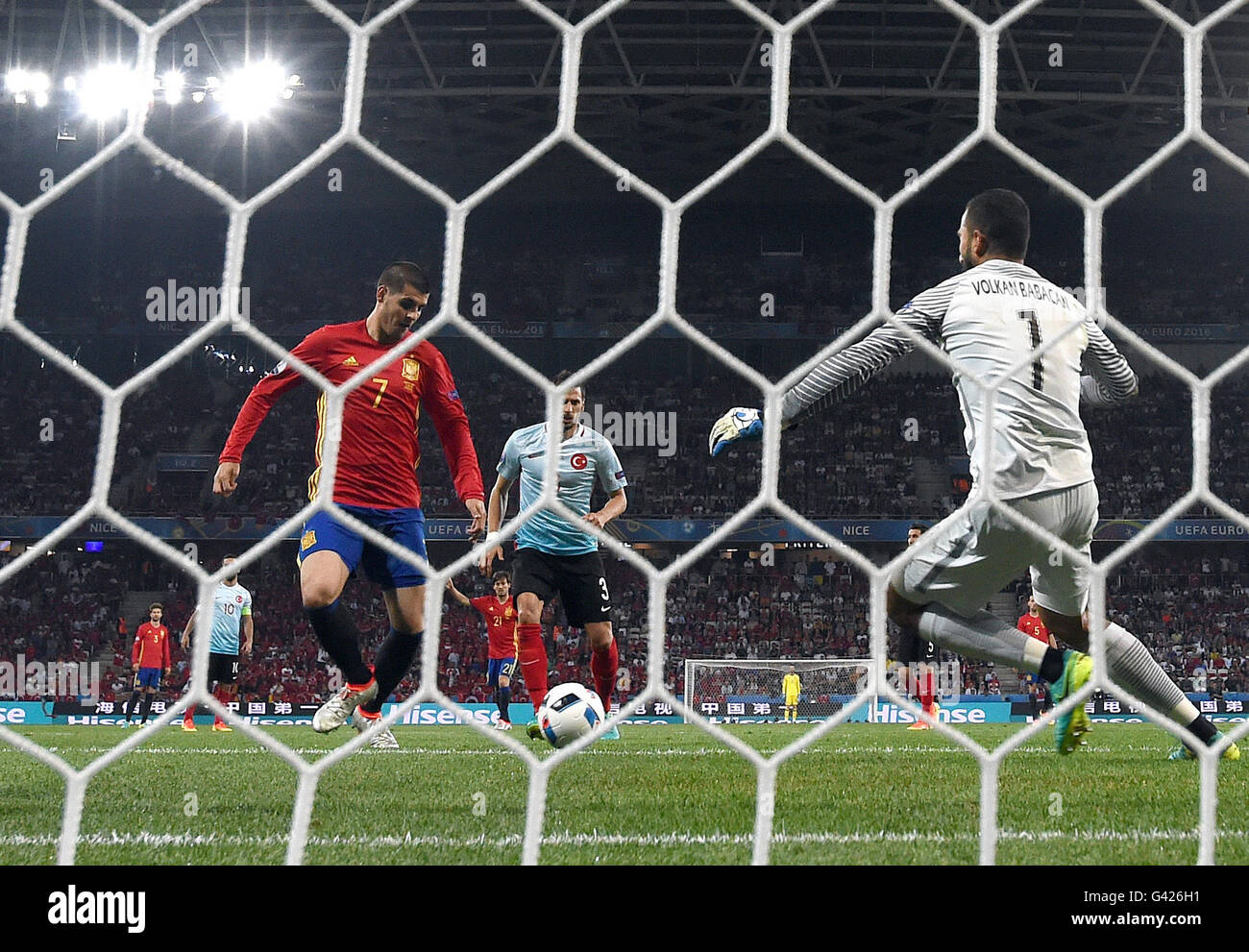 Nice, France. 17th June, 2016. Alvaro Morata (L) of Spain sores the 3-0 ...