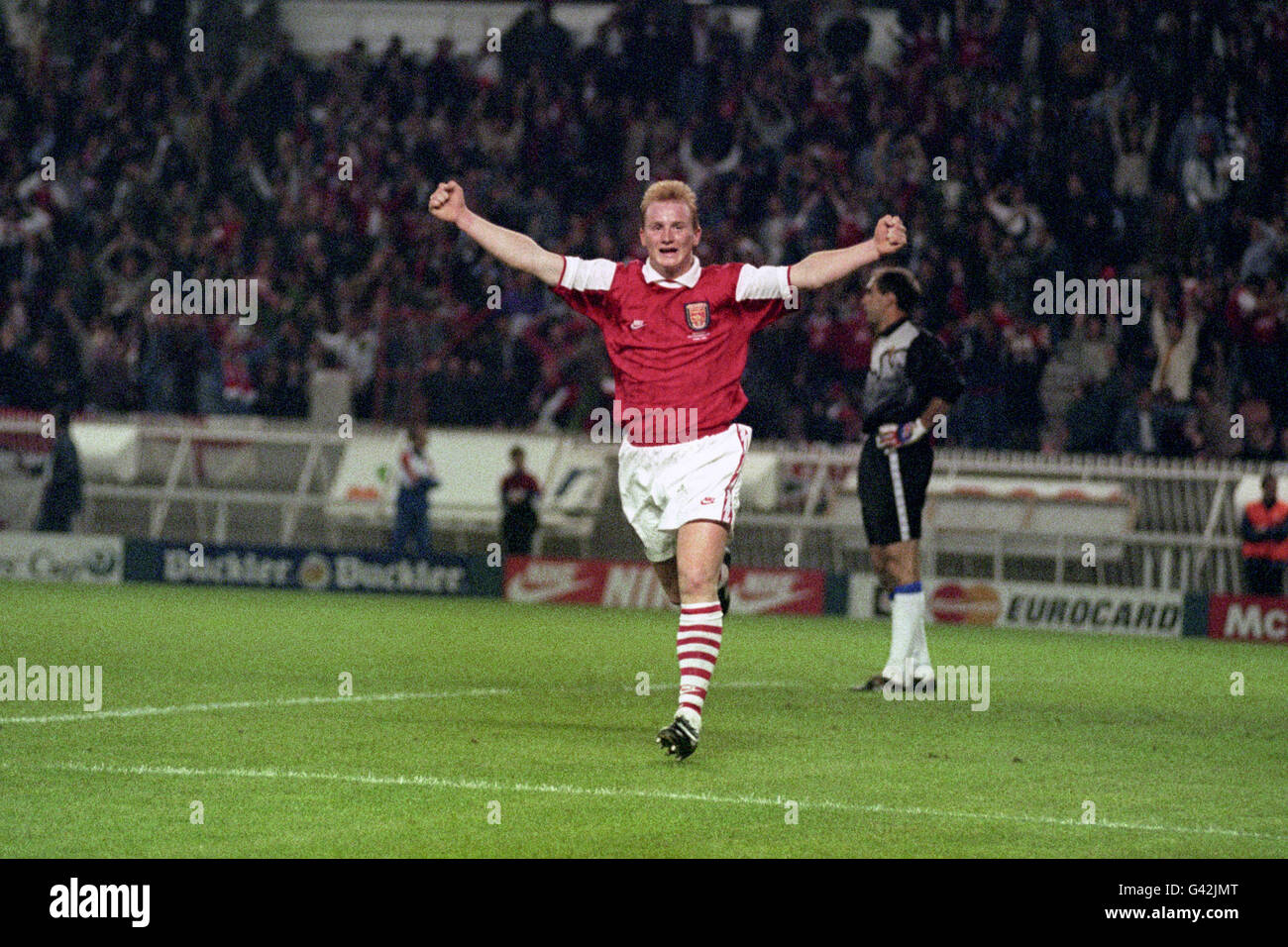 PARIS 3 10.5.95. Arsenal's John Hartson celebrates after scoring during ...
