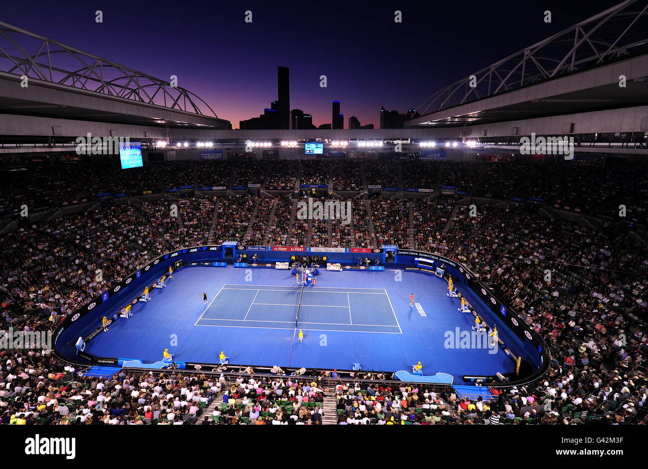 The sun sets over the Rod Laver Arena during the match between Rafael ...