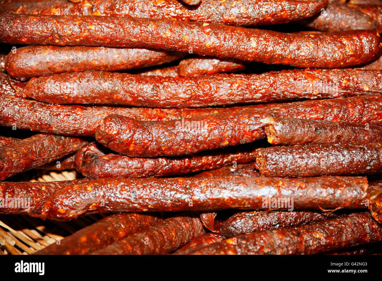 Hungarian home made sausage aka kolbasz as a background Stock Photo - Alamy