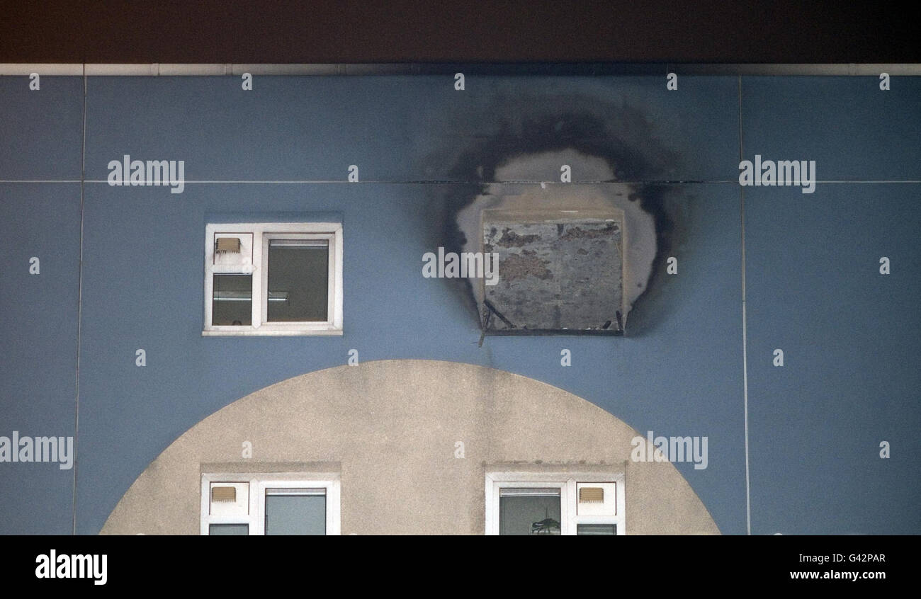 Fire at Deptford block of flats. Fire damage is seen around windows on ...