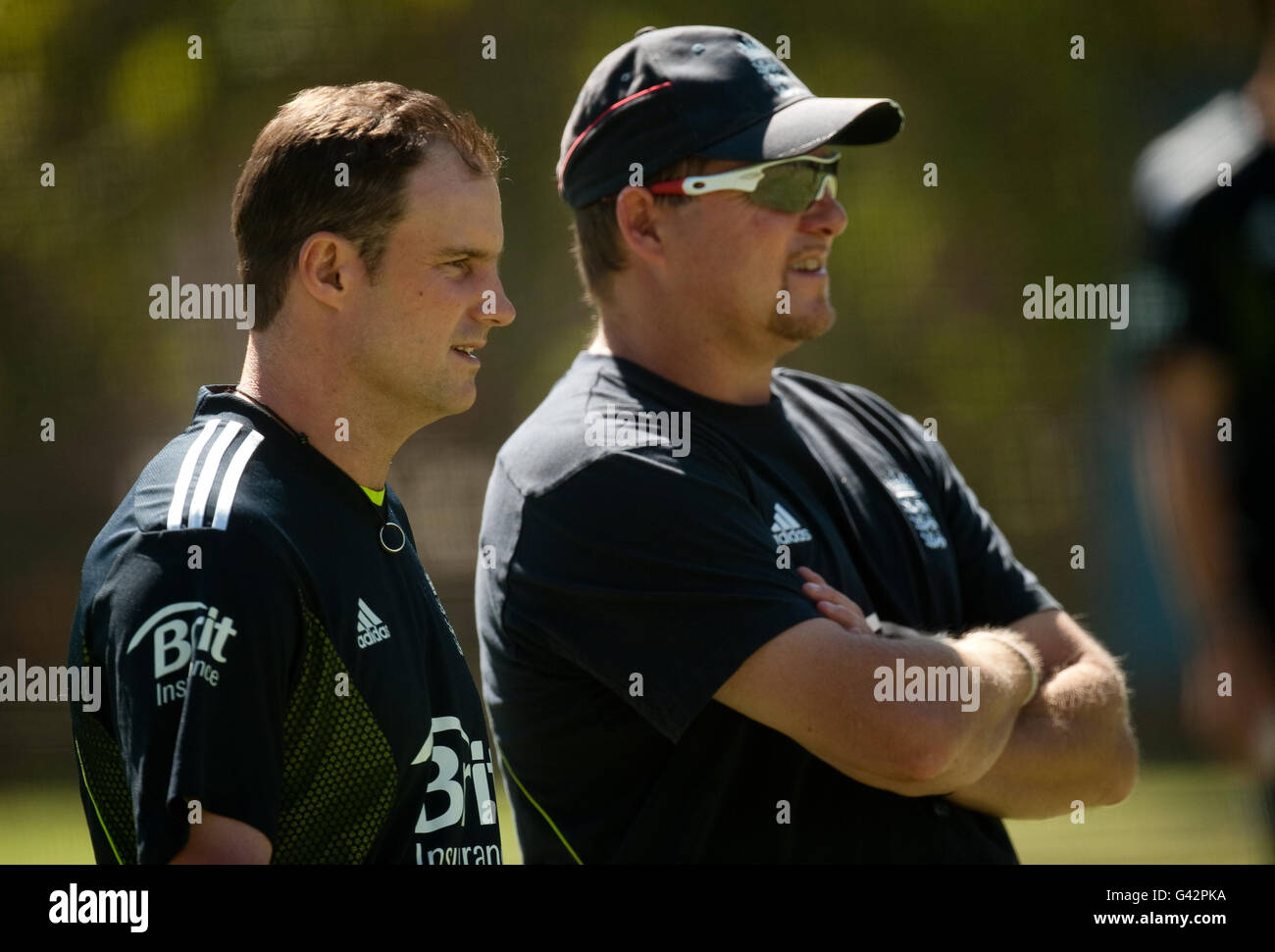 England captain Andrew Strauss with bowling coach David Saker (right ...