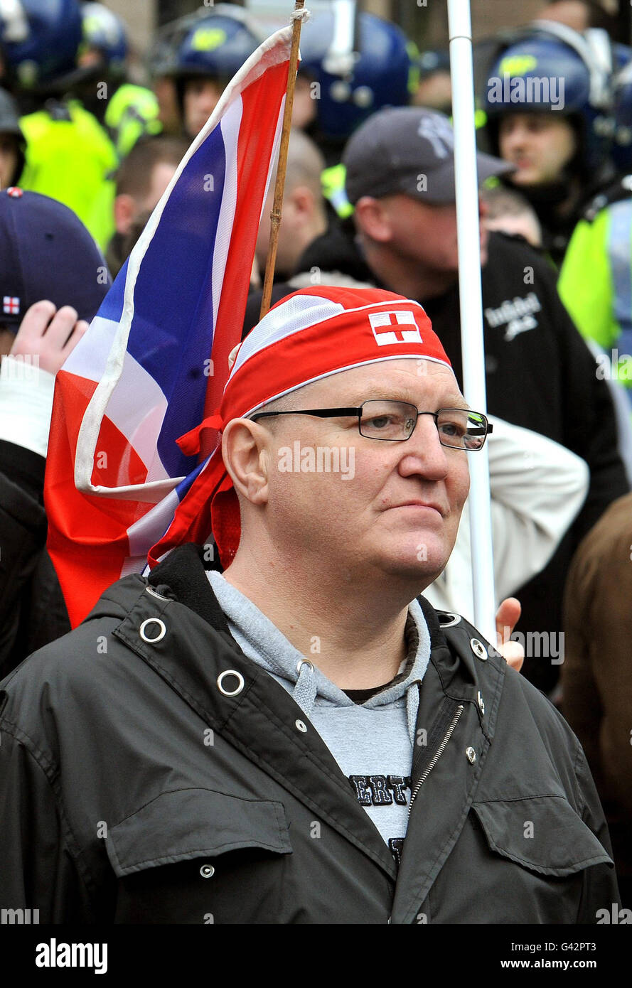 An English Defence League member in St George's Square during the EDL ...