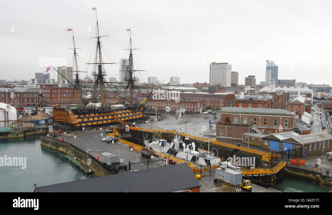 A general view of the Royal Naval Base in Portsmouth, including HMS ...