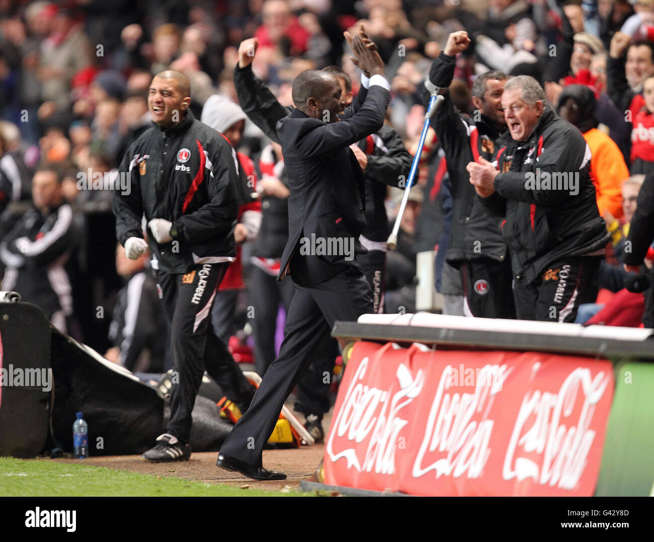 Charlton Athletic manager Chris Powell celebrates his sides second goal ...
