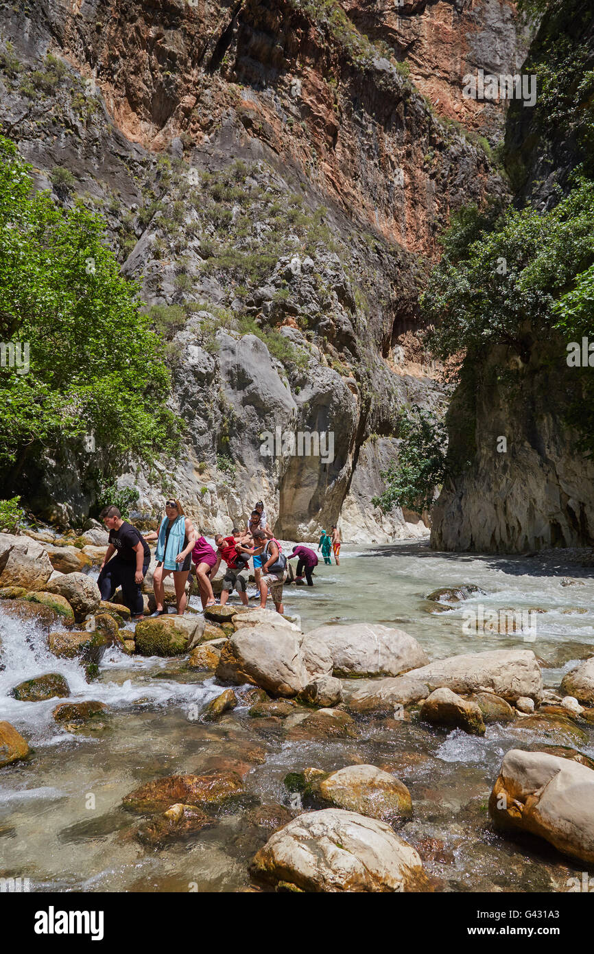 Tourists using a rope to cross the river in Saklikent Gorge, Turkey ...