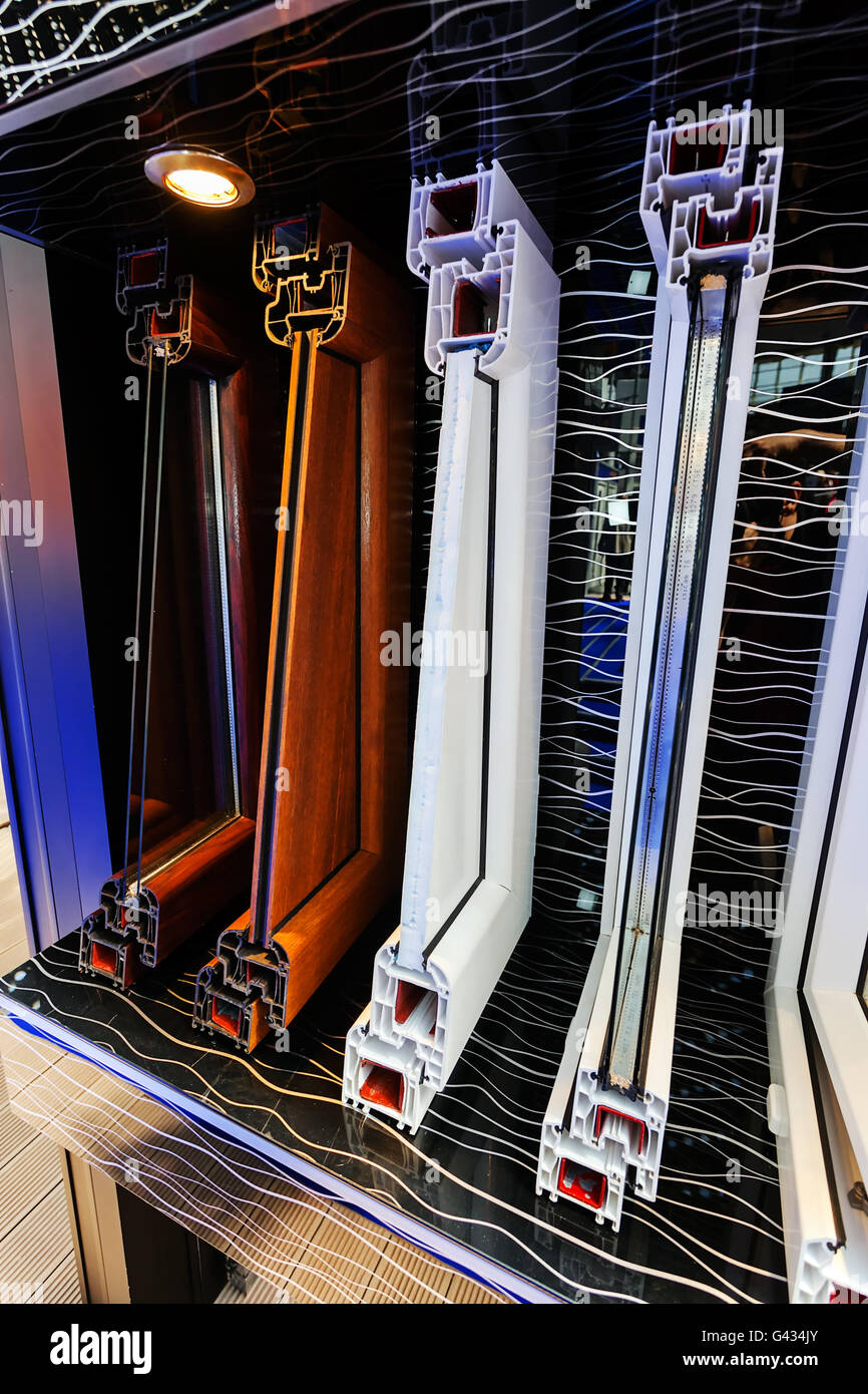 Cut of the window profile with metal, glass and insulation Stock Photo ...