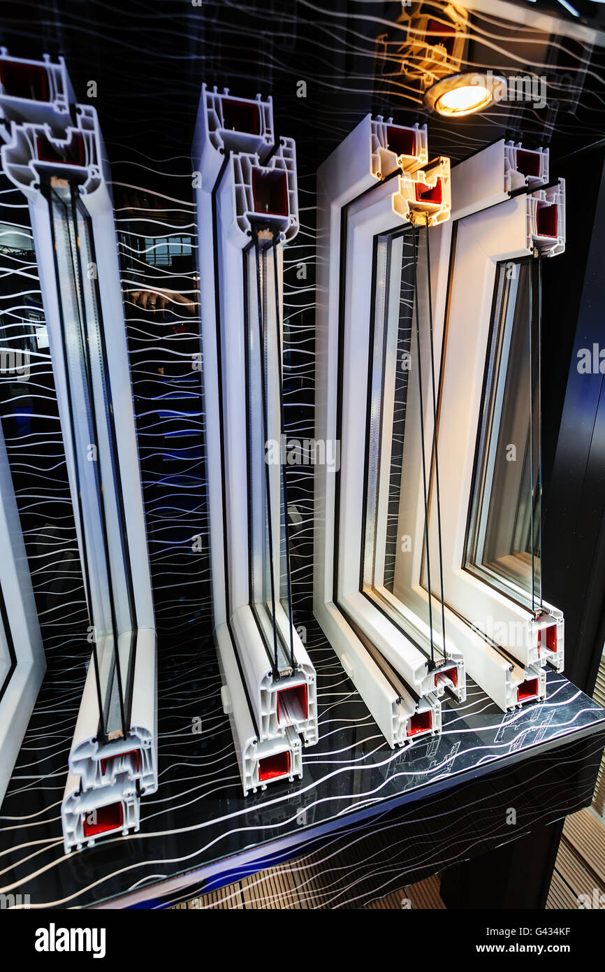 Cut of the window profile with metal, glass and insulation Stock Photo ...