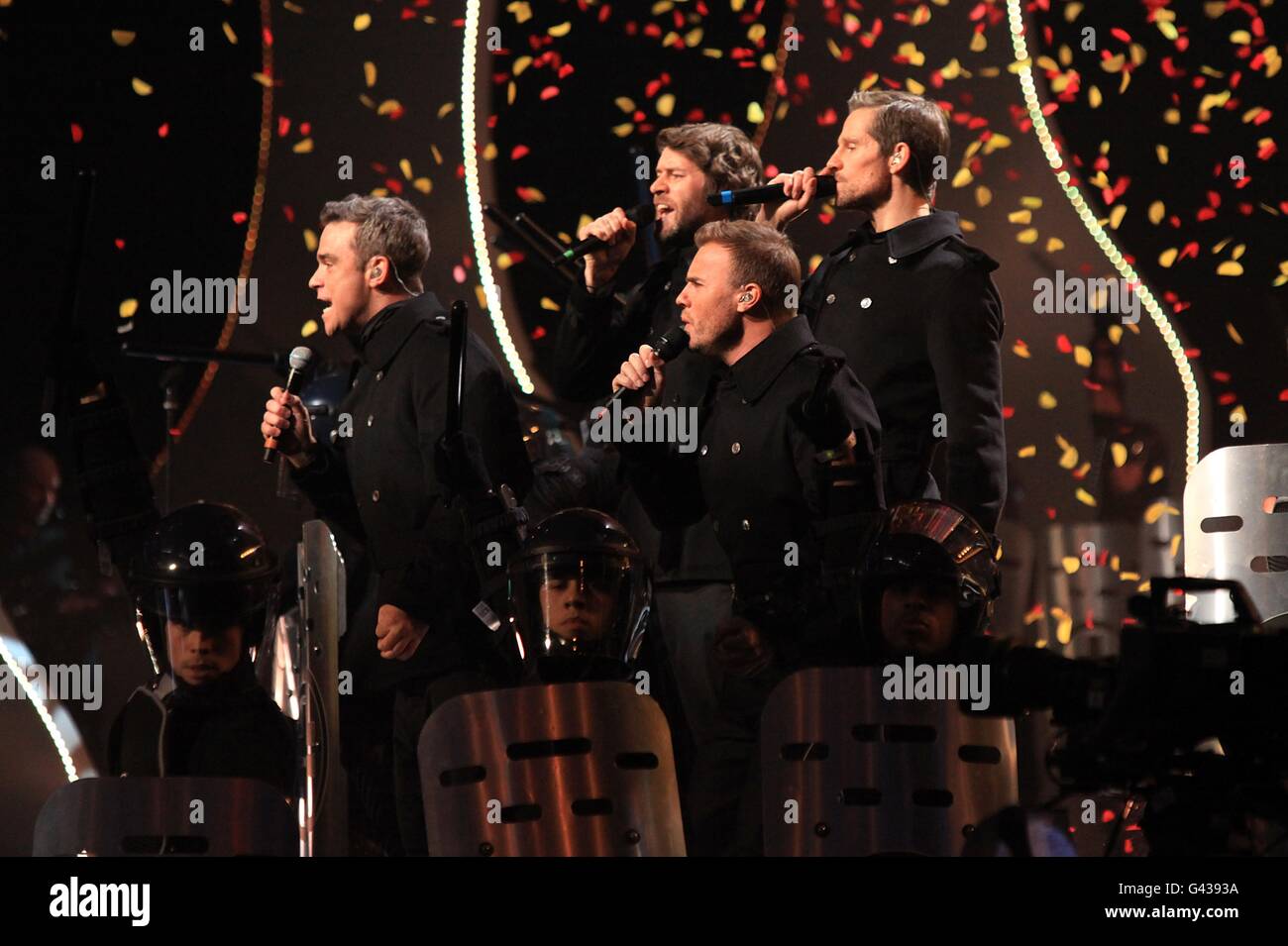 Take That on stage during the 2011 Brit Awards at the O2 Arena, London ...