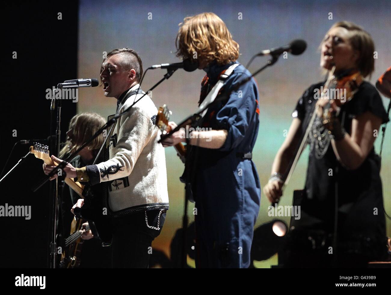 Brit Awards 2011 - Show - London. Arcade Fire perform on stage during ...