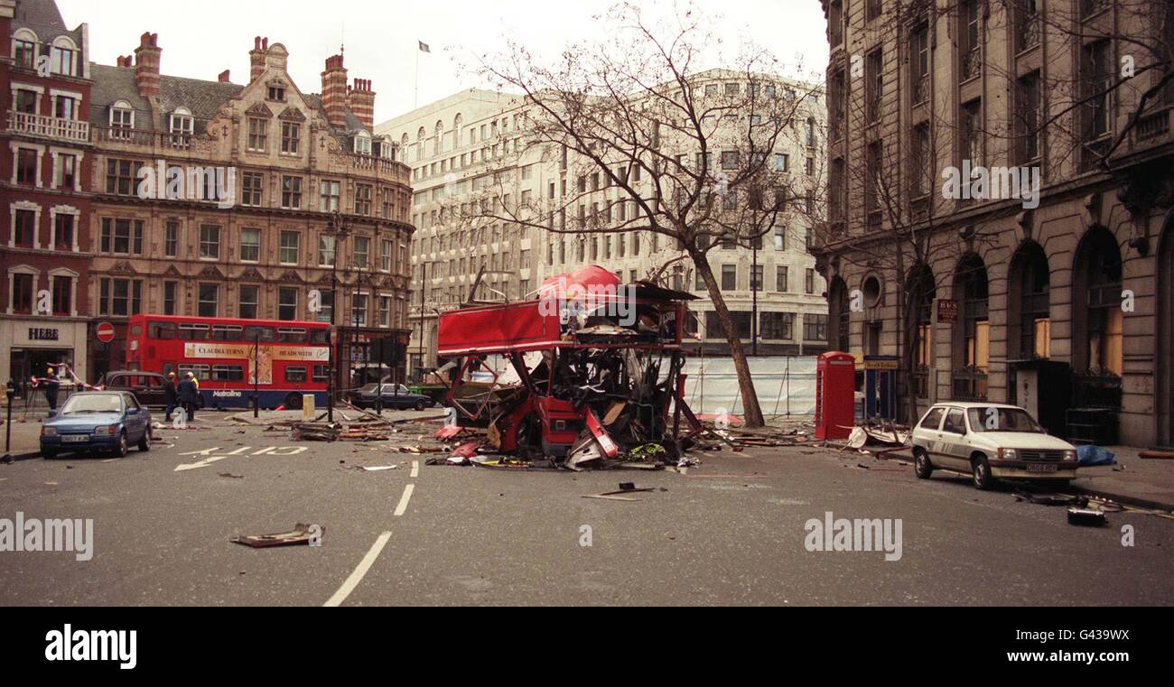 The remains of a No 171 double-decker bus lies in a London street after ...