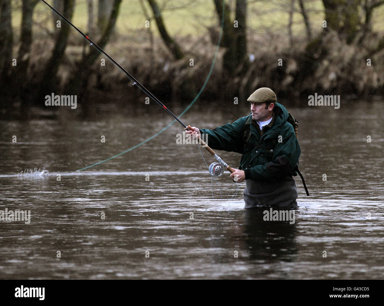 Fisherman on river teith callander salmon fishing gets underway hi-res ...