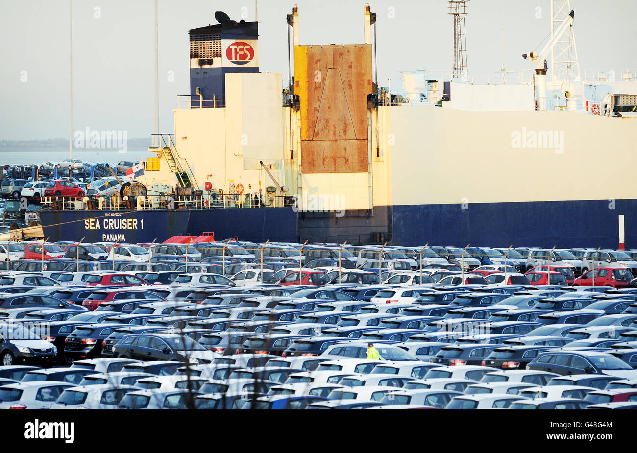 New cars parked on quayside next cargo ship grimsby docks hi-res stock ...