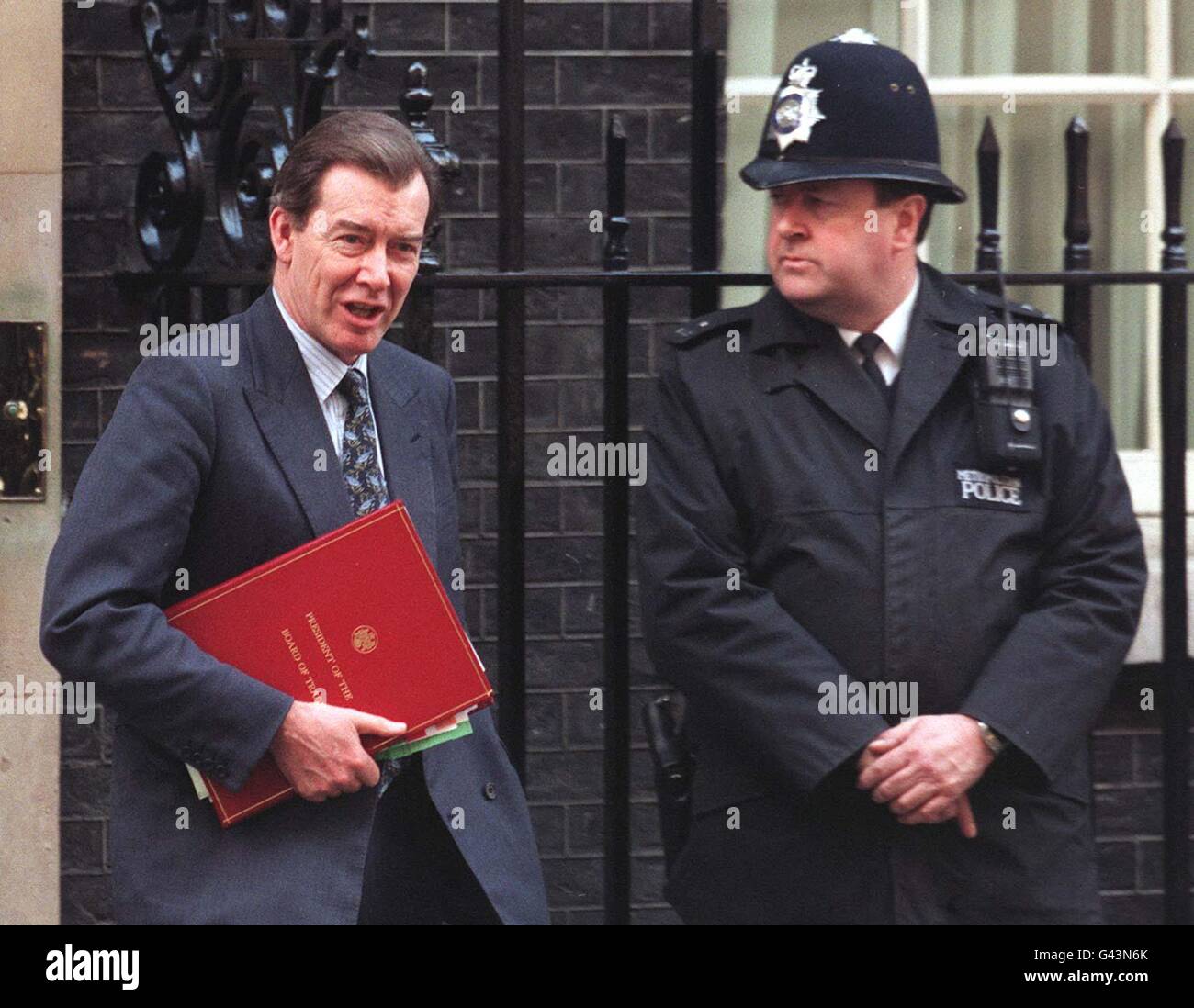 President of the Board of Trade Ian Lang, leaves No10 Downing Street ...