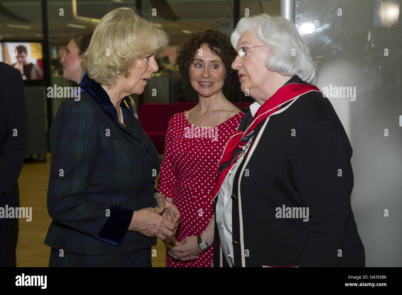 The Duchess of Cornwall (left) talks to Patricia Greene, who plays Jill ...