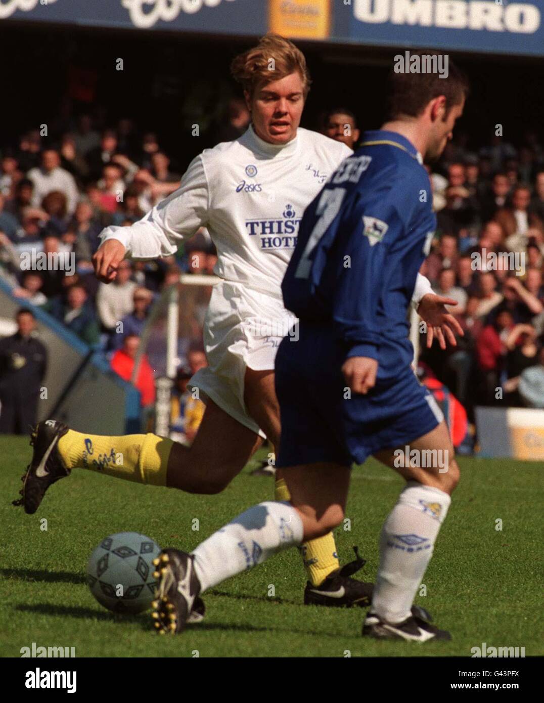 Chelsea/Leeds Brolin Spencer. Leeds' Tomas Brolin (left) closes in on ...