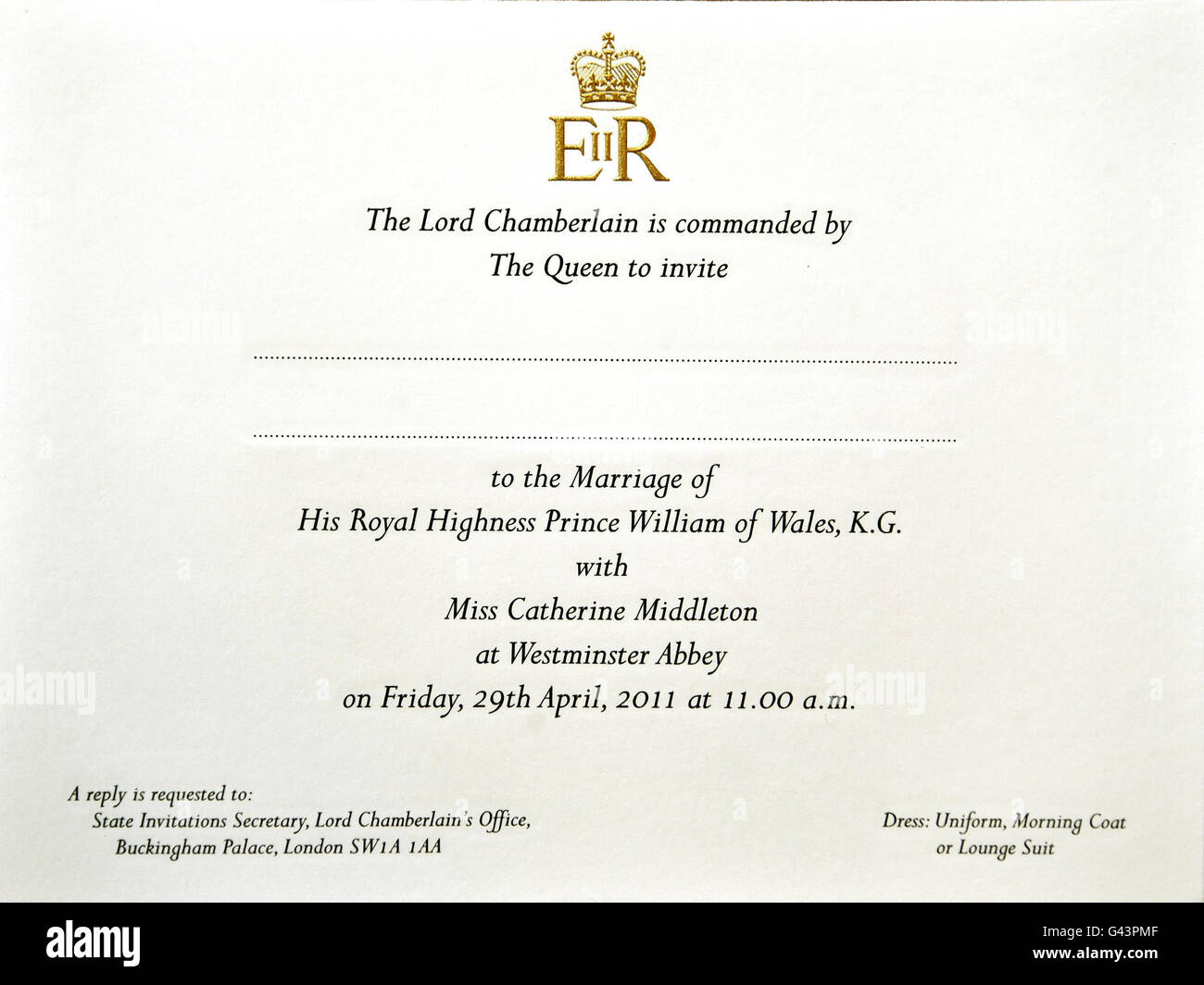 One of the invitation cards to the wedding of Prince William and Kate ...