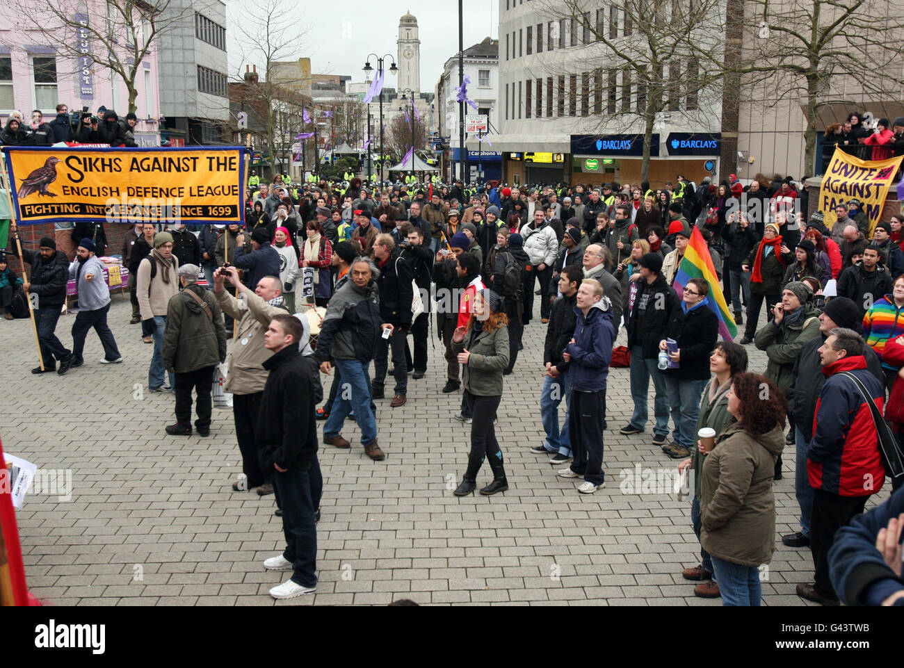 Unite Against Fascism protesters in Luton Town Centre in Bedfordshire ...