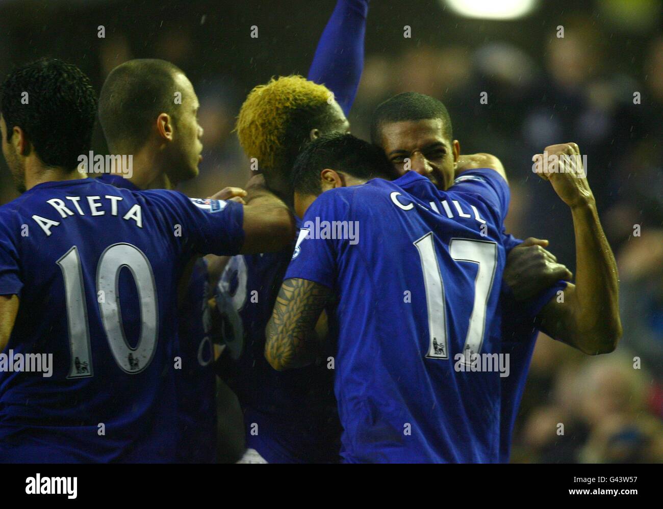 Everton's Jermaine Beckford (right) celebrates with his team-mates ...