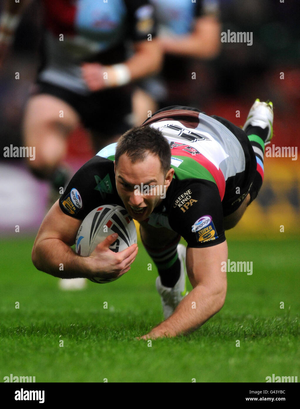 Harlequins Rugby League's Luke Gale goes over to score his and his side ...