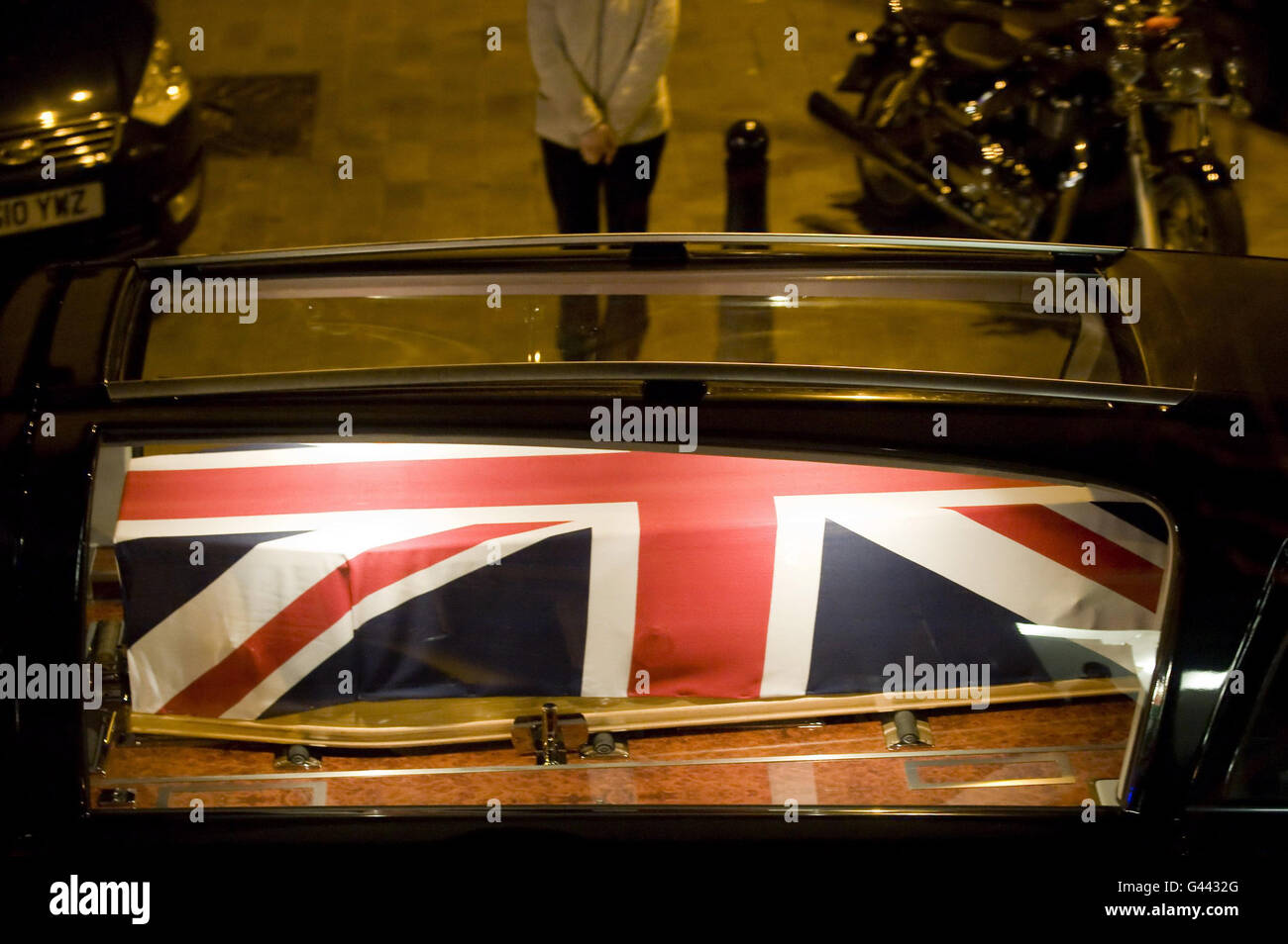 One Union flag draped coffin containing the body of one of five British ...