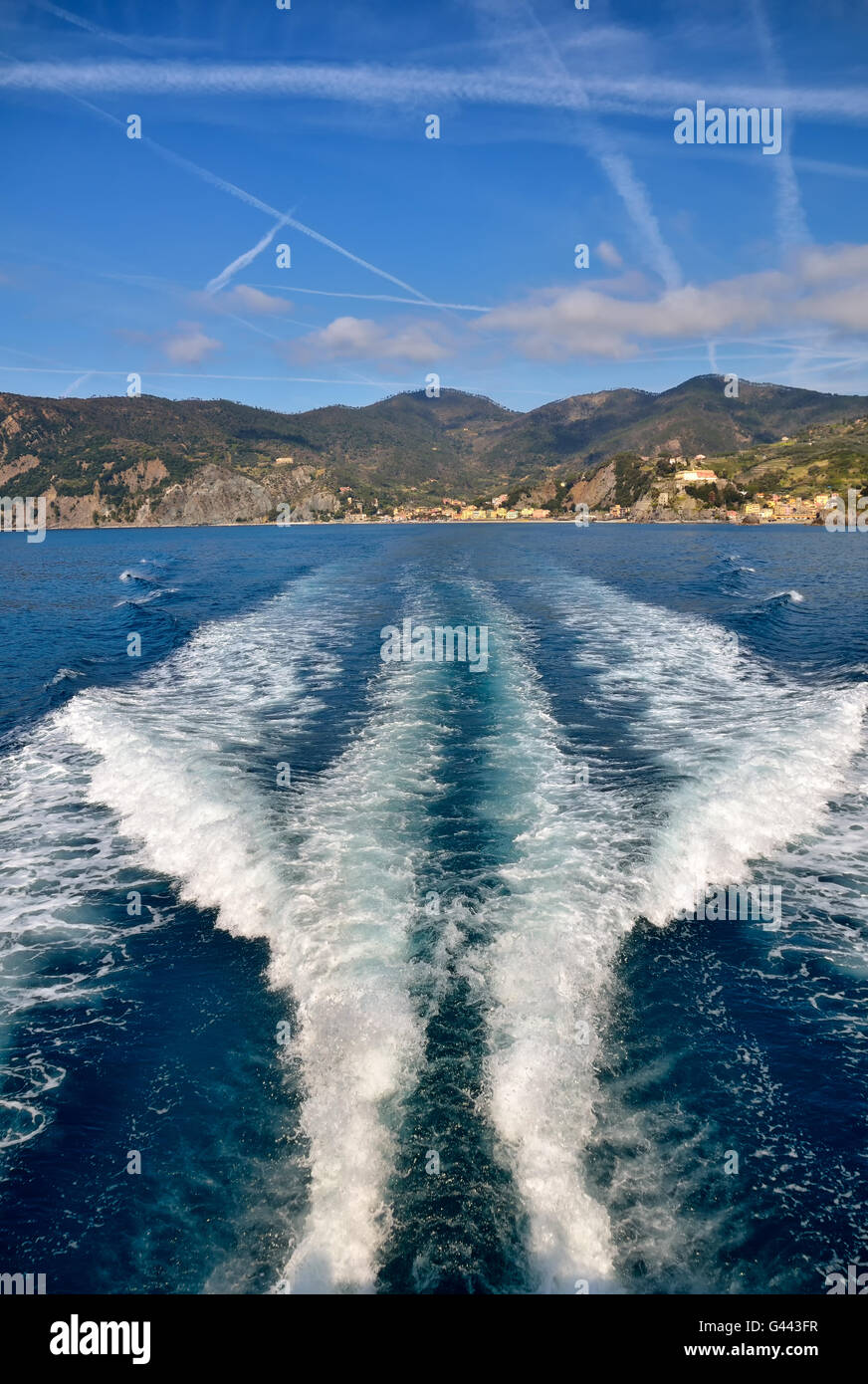 Motor waves view from the ship on the Mediterranean Sea near cinque ...